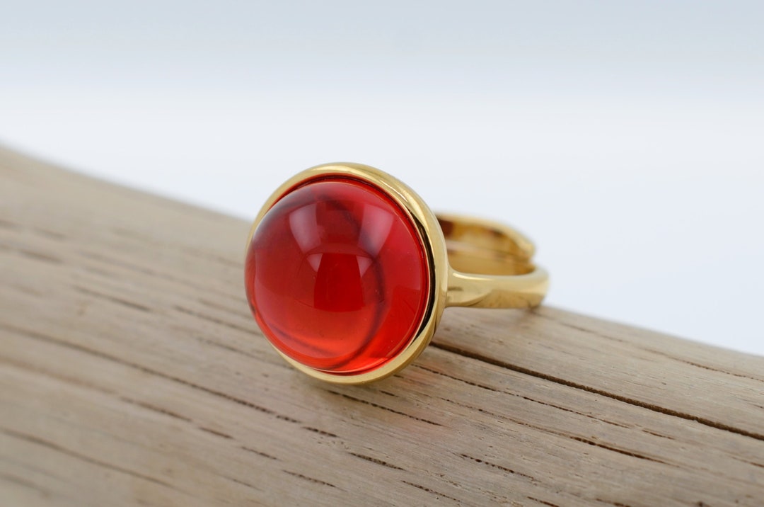 Red Amber Ring, Natural Baltic Amber, Red Stone, Round Red Gemstone ...