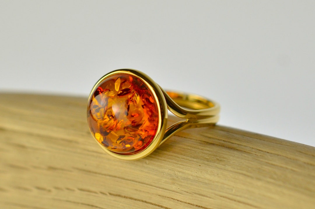 Round Amber Ring , Cognac Amber Ring , Natural Baltic Amber , Honey ...
