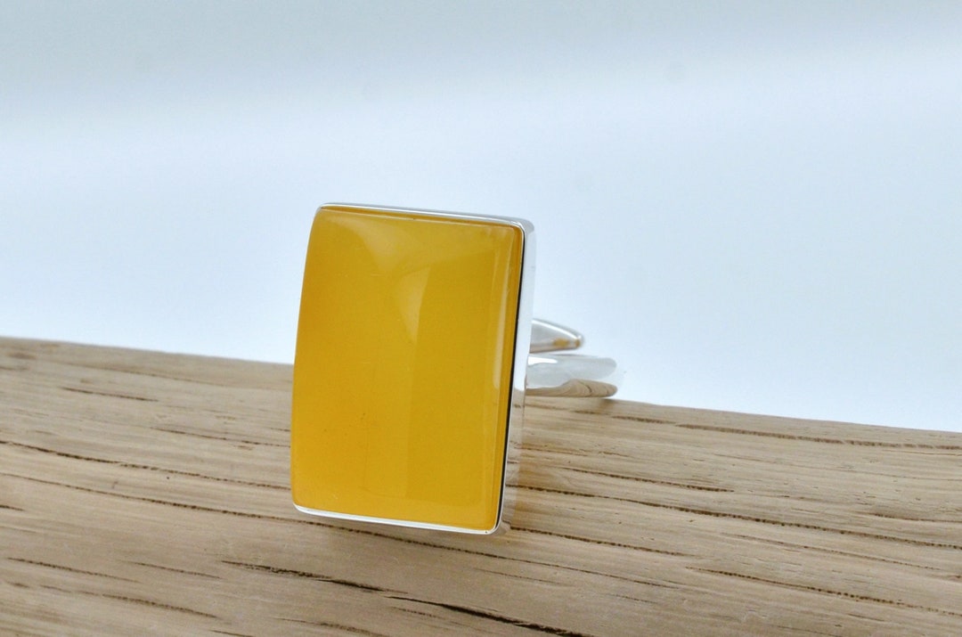 Rectangle Yellow Amber Ring, Natural Baltic Amber, Yellow Amber Ring ...