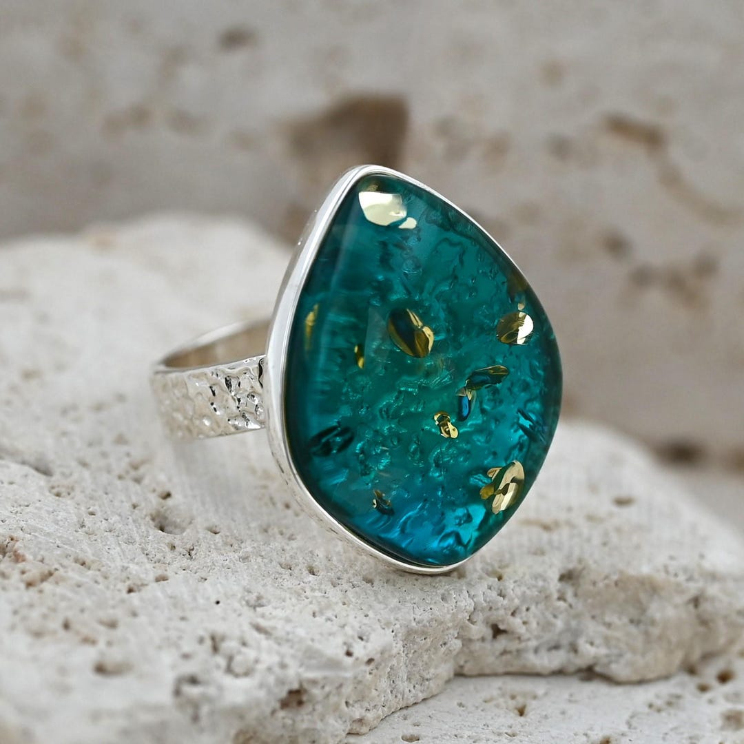 Turquoise Baltic Amber Ring, Azure Amber Ring, Sterling Silver 925 ...