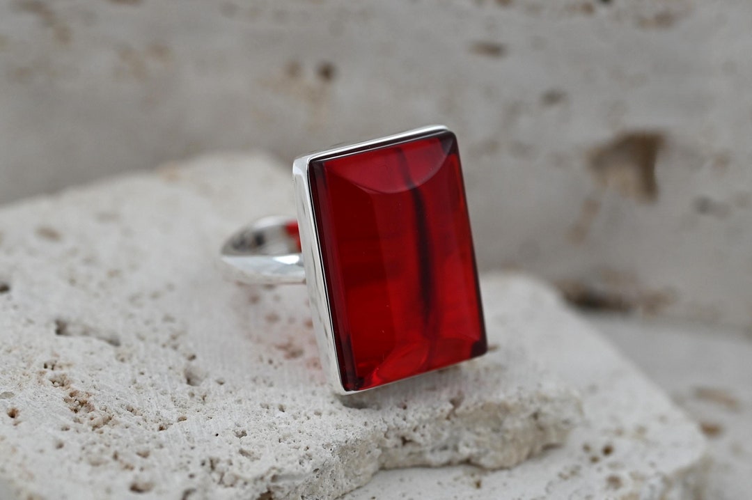 Red Amber Ring, Rectangle Red Gemstone Ring, Authentic Baltic Amber ...