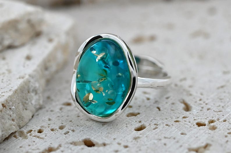 Baltic Amber Ring, Azure Amber Ring, Blue Color Stone Ring, Blue Amber ...