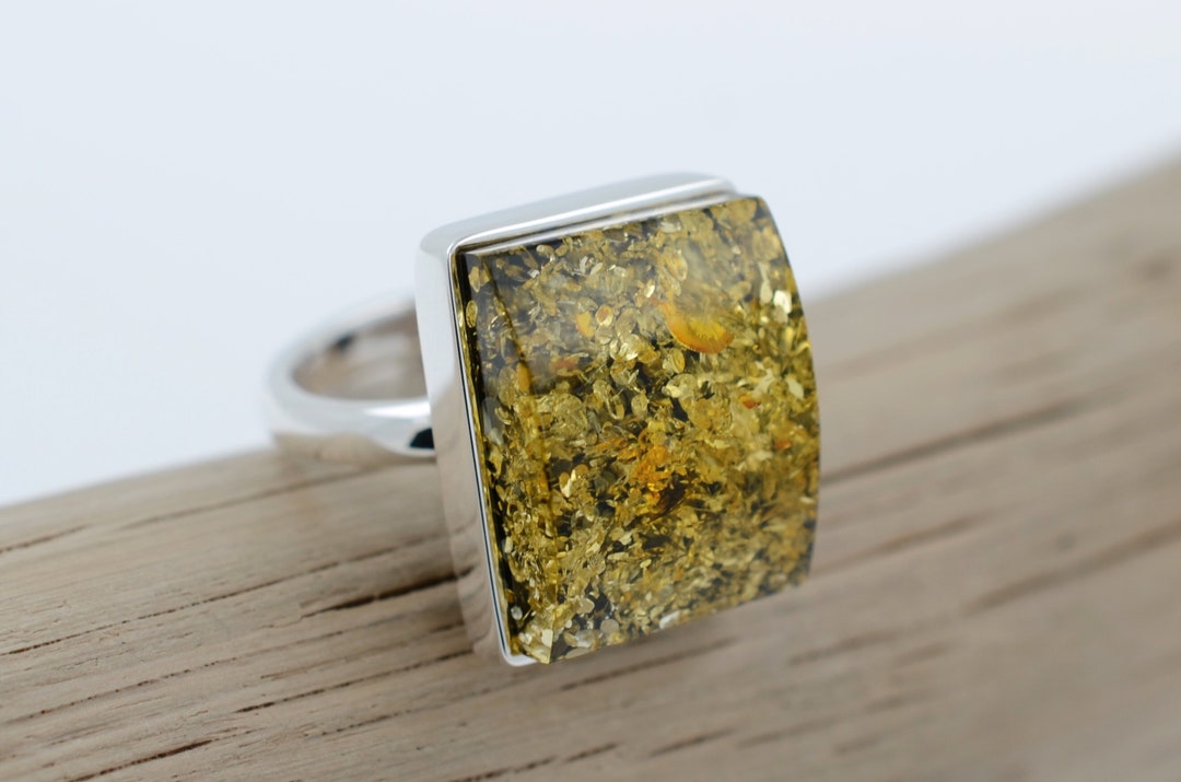 Genuine Green Baltic Amber Ring, Square Amber Ring, Oblong Green Stone ...