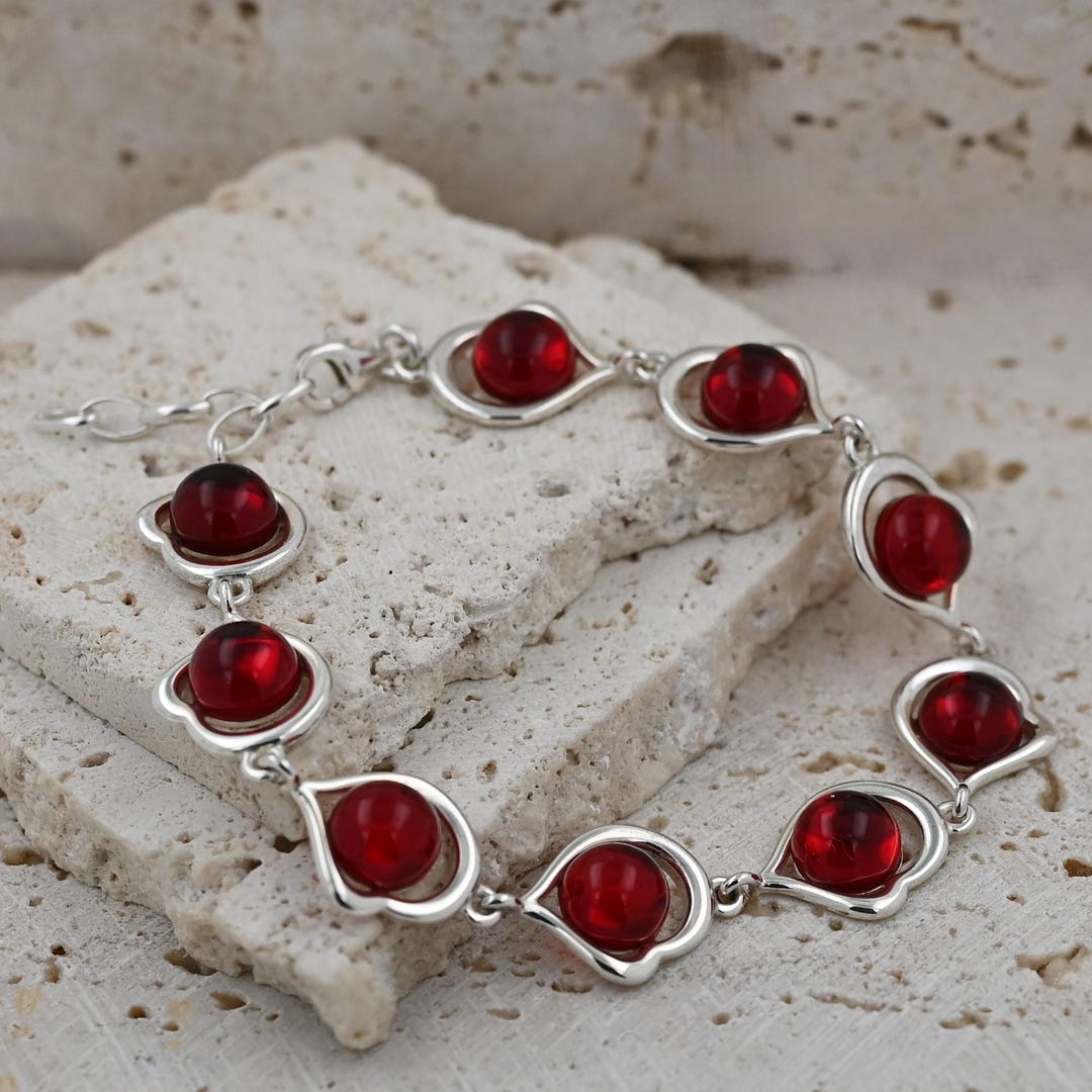 Baltic Red Amber Heart Bracelet, Natural Amber & Sterling Silver 925 ...
