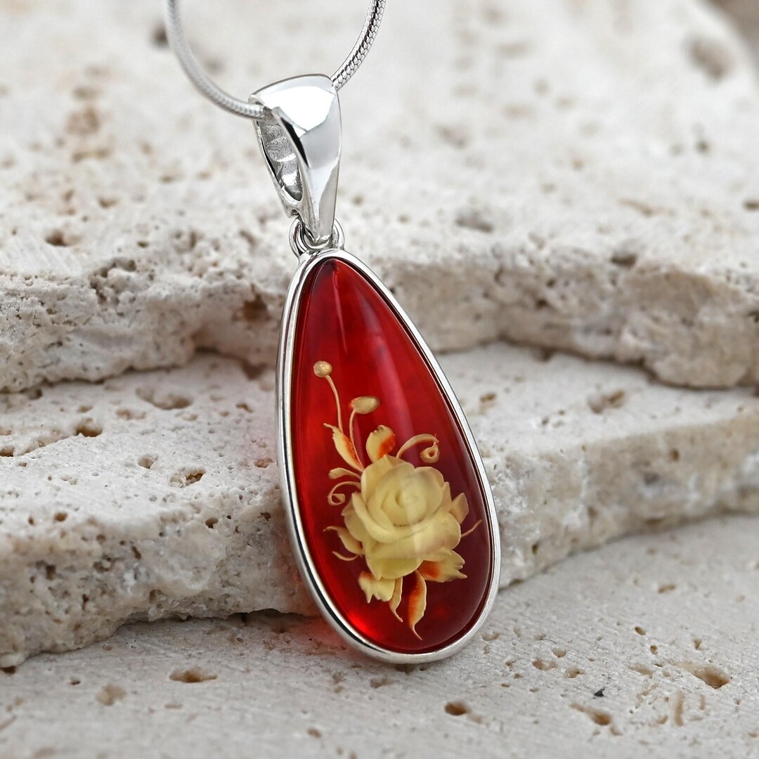 Rose Camea Amber Pendant, Red Amber, Luxury Stone Jewelry, Handmade ...