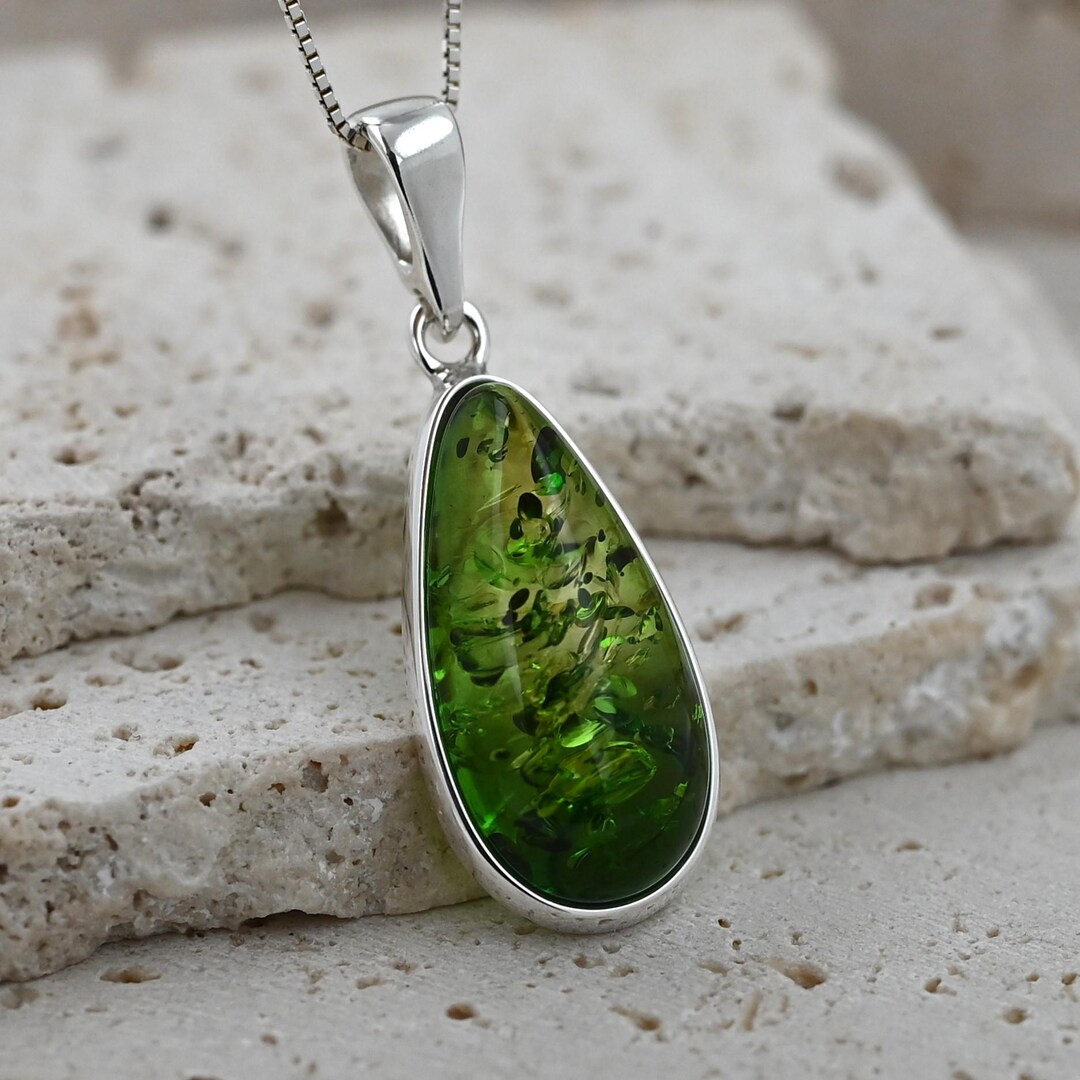 Green Baltic Amber Pendant | Sterling Silver 925 Necklace | Genuine ...