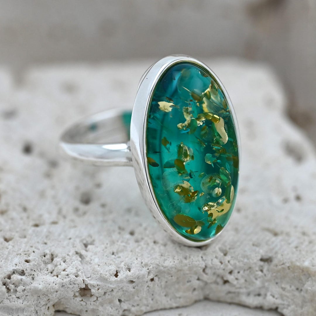 Baltic Sea Blue Amber Ring, Sterling Silver 925, Blue Stone Ring ...