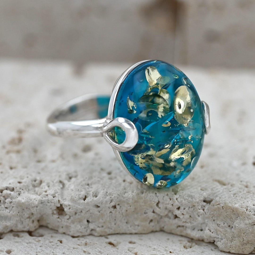 Baltic Sea Blue Amber Ring, Sterling Silver 925, Blue Stone Ring ...