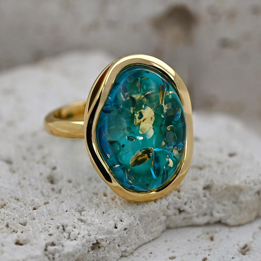 Baltic Sea Blue Amber Ring, Genuine Amber Gold Ring, Gold-plated ...