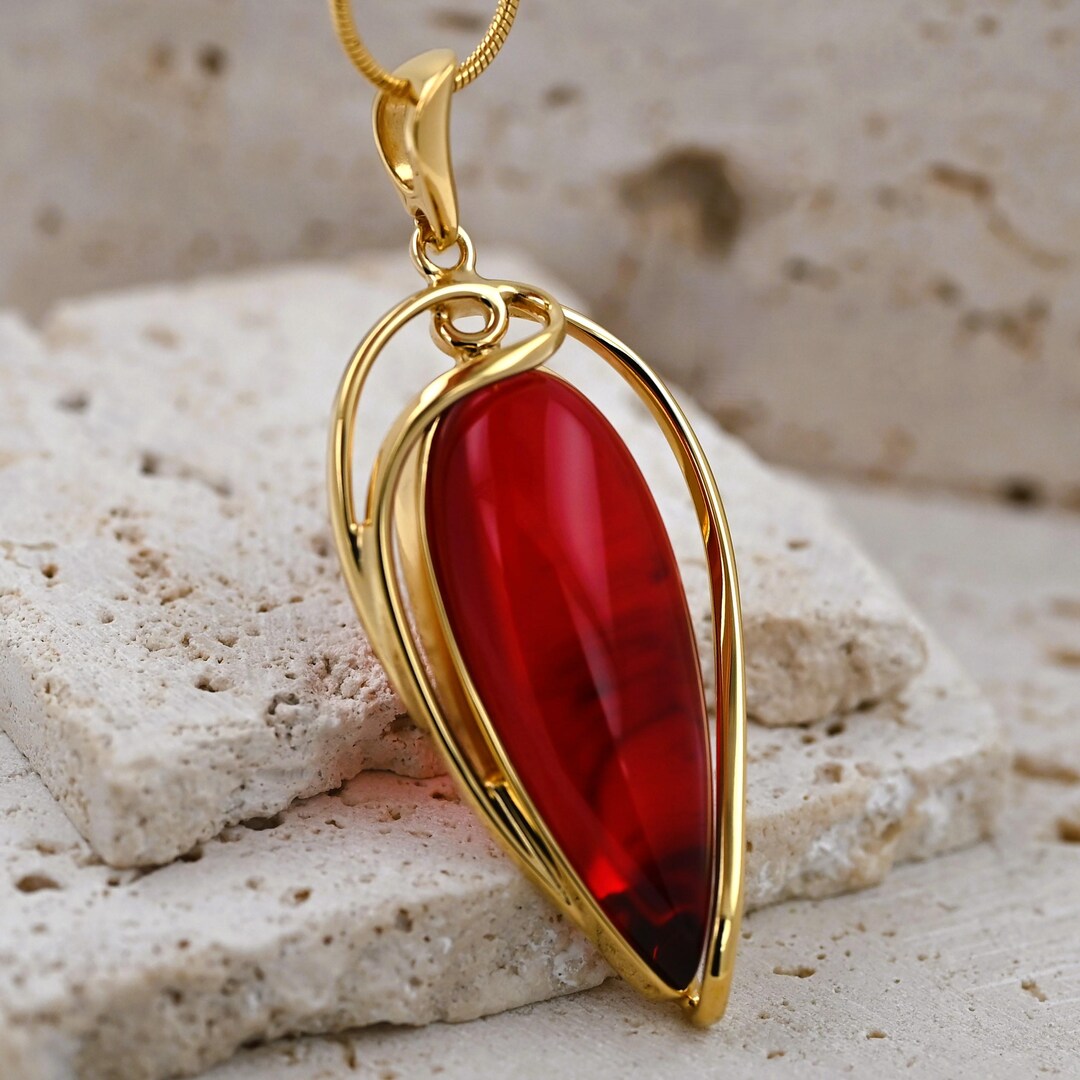 Red Baltic Amber Pendant, Natural Gemstone Necklace, Amber Gold, Gold ...