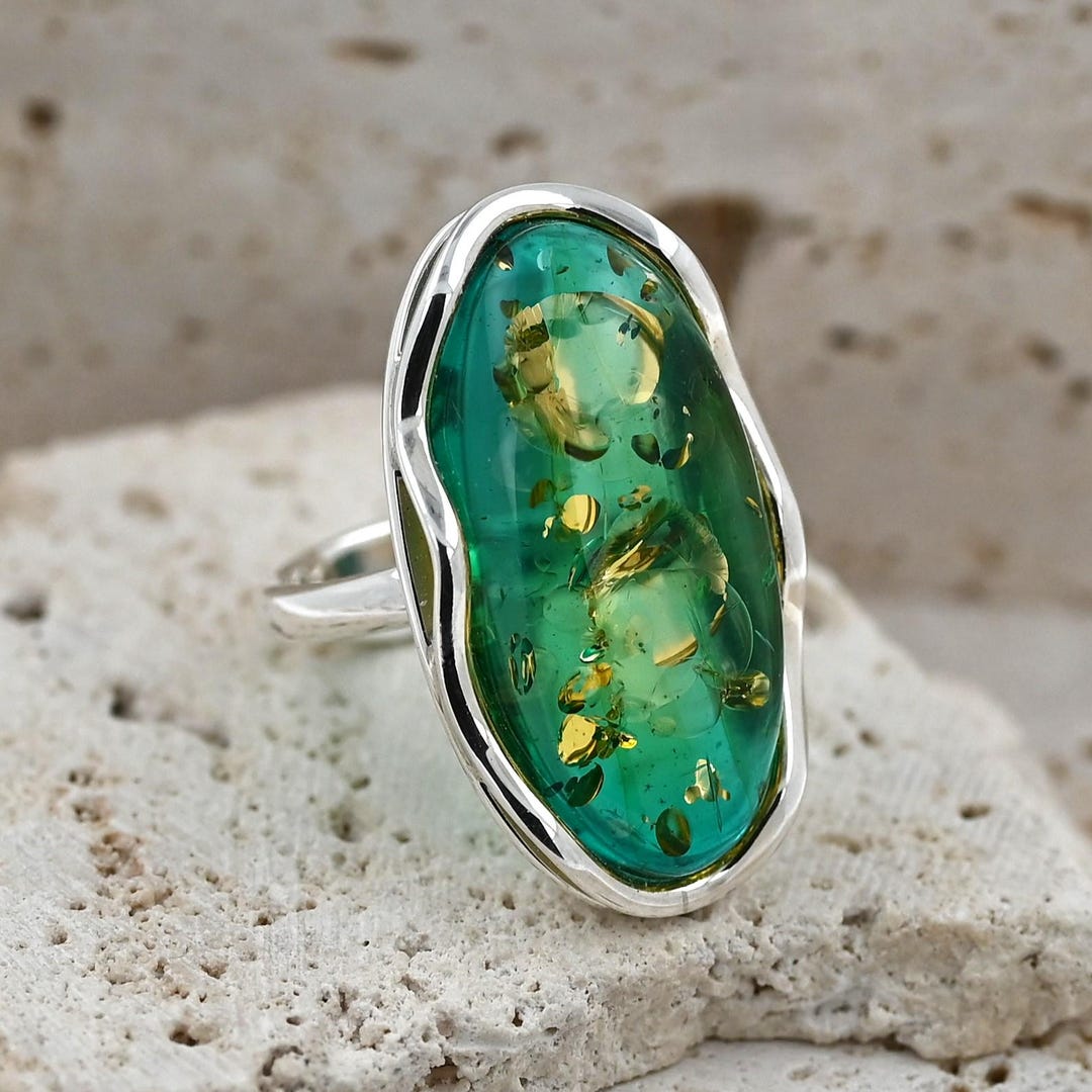 Azure Baltic Amber Ring, Big Blue Amber Ring, Sterling Silver 925 ...