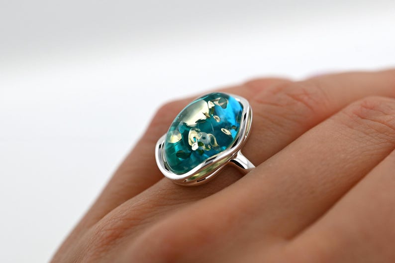 Baltic Amber Ring, Azure Amber Ring, Blue Color Stone Ring, Blue Amber ...