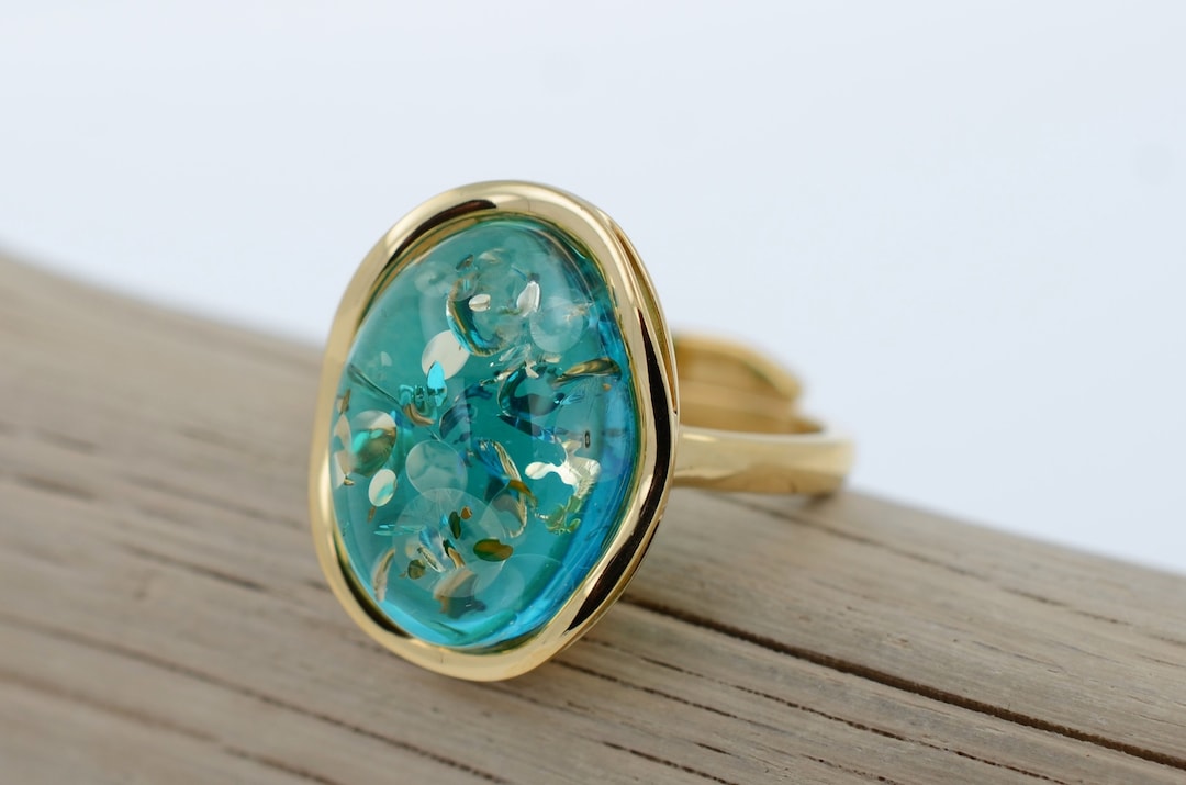 Azure Baltic Amber Ring, Turquoise Amber Ring, Gold-plated Sterling ...
