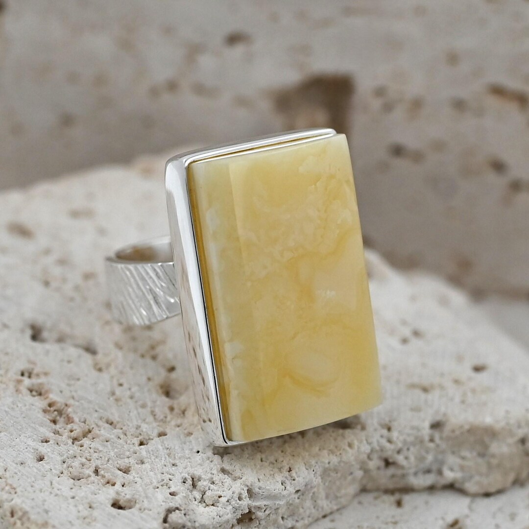 Royal White Amber Ring, Genuine Baltic Amber, Rectangle White Amber ...