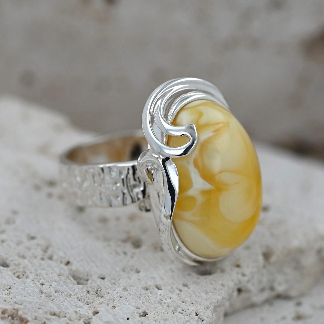 Authentic Yellow Amber Ring, Natural Baltic Amber, Big Stone Ring ...