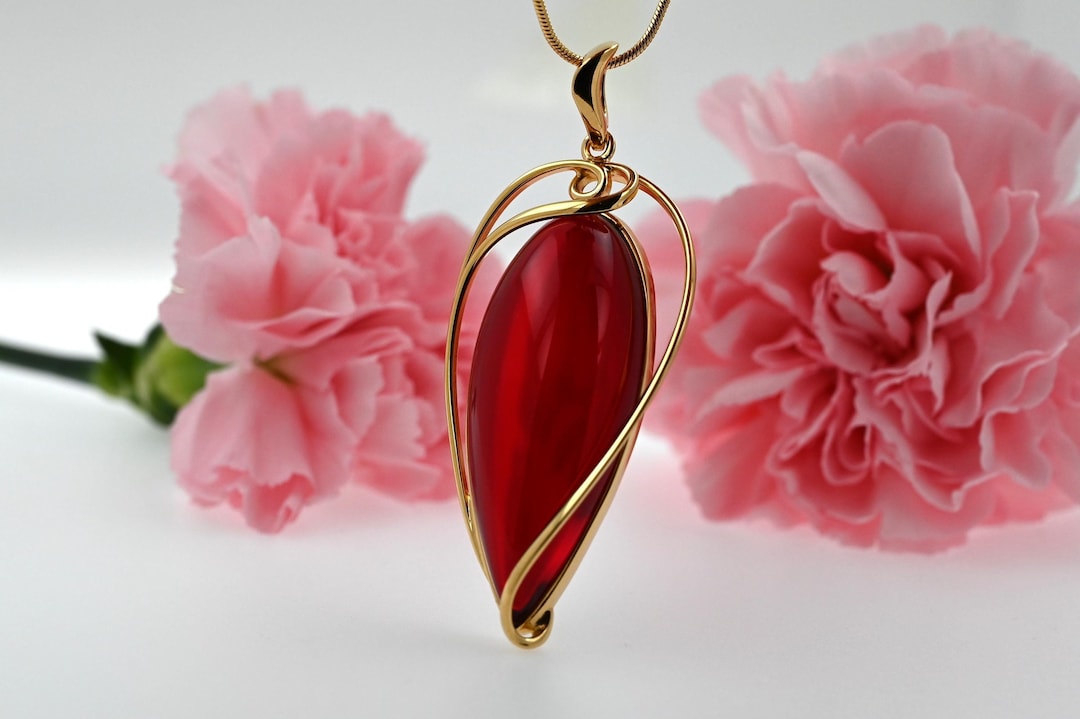 Red Baltic Amber Pendant, Natural Gemstone Necklace, Amber Gold, Gold ...