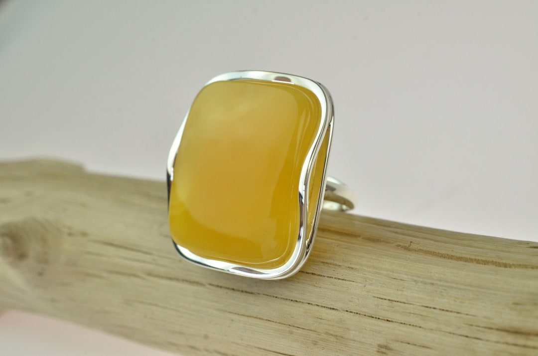 Square Yellow Amber Ring, Genuine Baltic Amber, Yellow Amber Ring ...