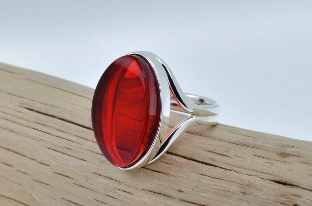 Red Amber Ring, Red Gemstone Ring, Authentic Baltic Amber Ring, Ruby ...
