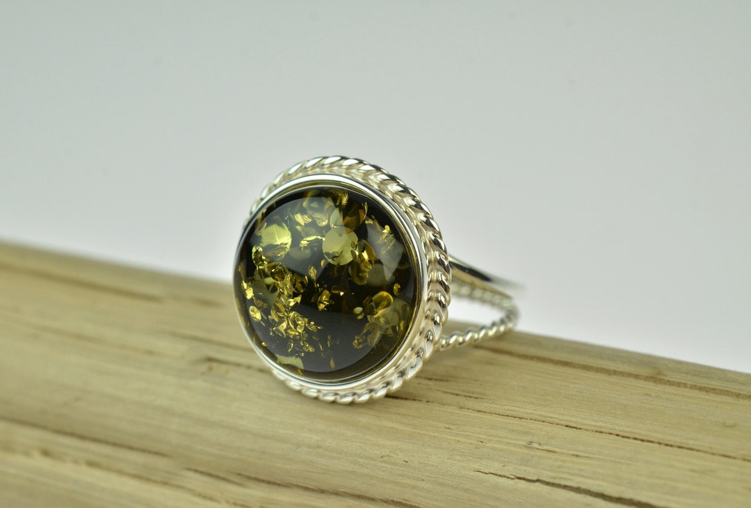 Round Green Amber Ring, Genuine Baltic Amber, Round Amber Ring, Luxury ...