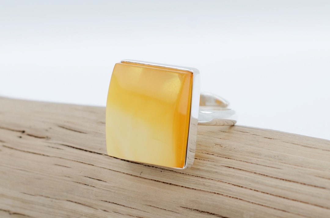 Milky Baltic Amber Ring, Natural Ombre Gemstone Ring, Square Amber Ring ...