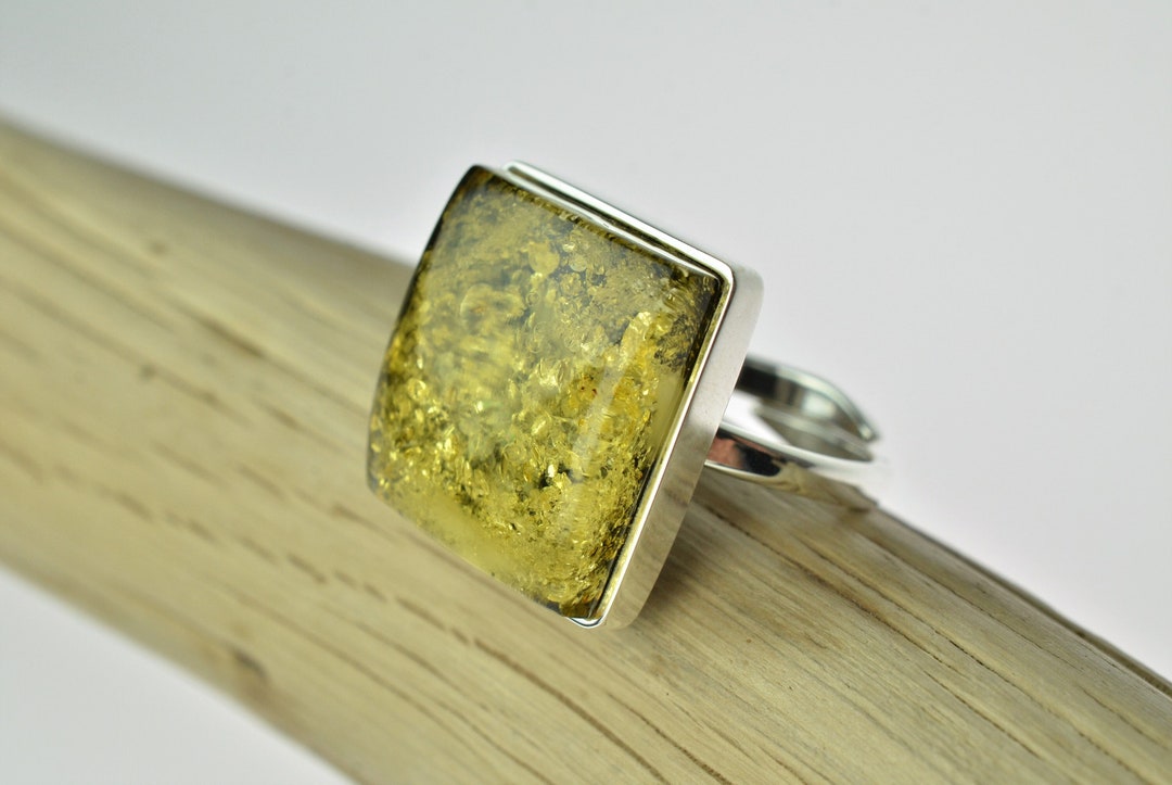 Square Green Amber Ring, Small Amber Ring, Genuine Baltic Amber, Classy ...