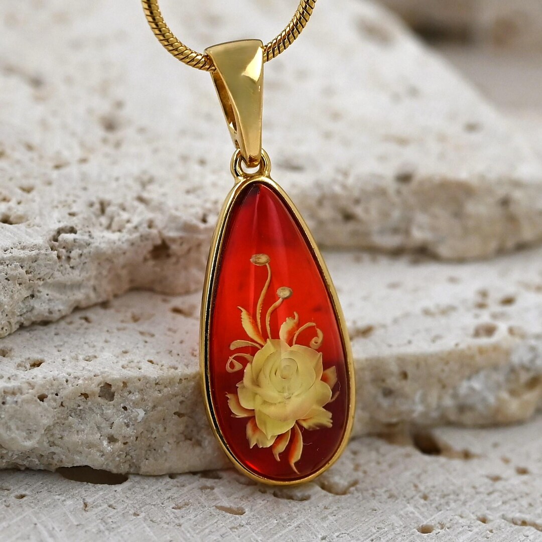 Rose Camea Amber Pendant, Red Amber, Luxury Stone Jewelry, Handmade ...
