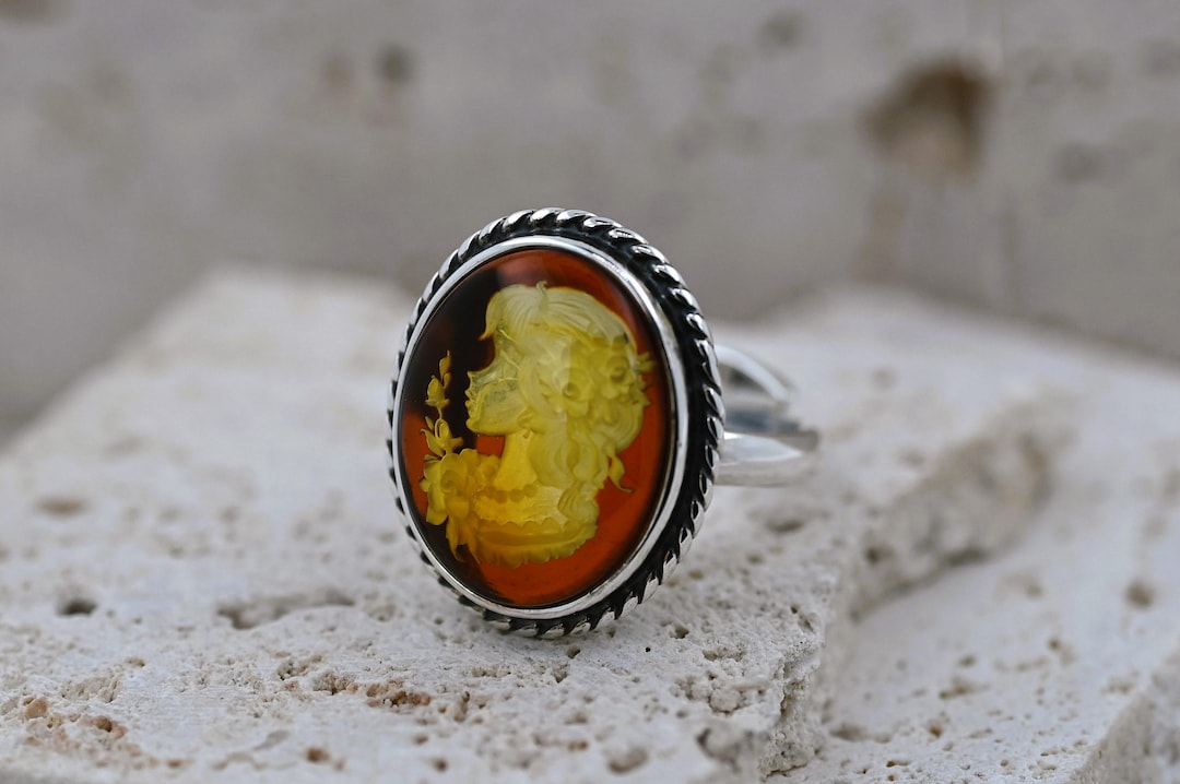Natural Camea Amber Ring, Amber & Sterling Silver 925 Jewelry, Genuine ...