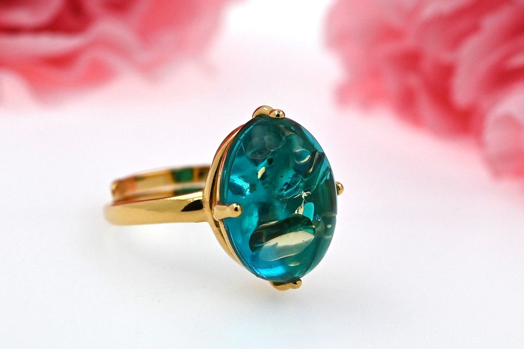 Blue Baltic Amber Ring, Blue Stone Jewelry, Small Amber Gold Ring, Gold ...