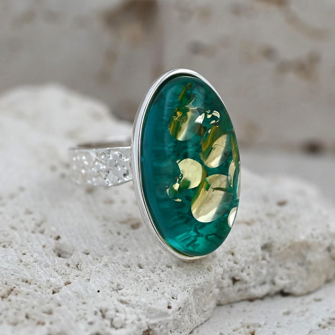 Baltic Sea Blue Amber Ring, Sterling Silver 925, Blue Stone Ring ...