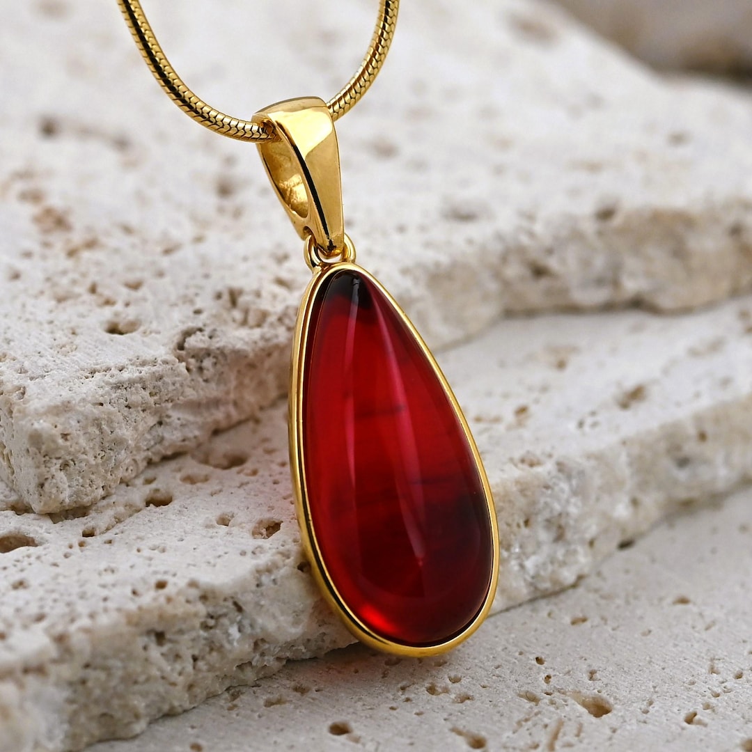 Red Baltic Amber Pendant, Small Red Gemstone Pendant, Gold-plated ...
