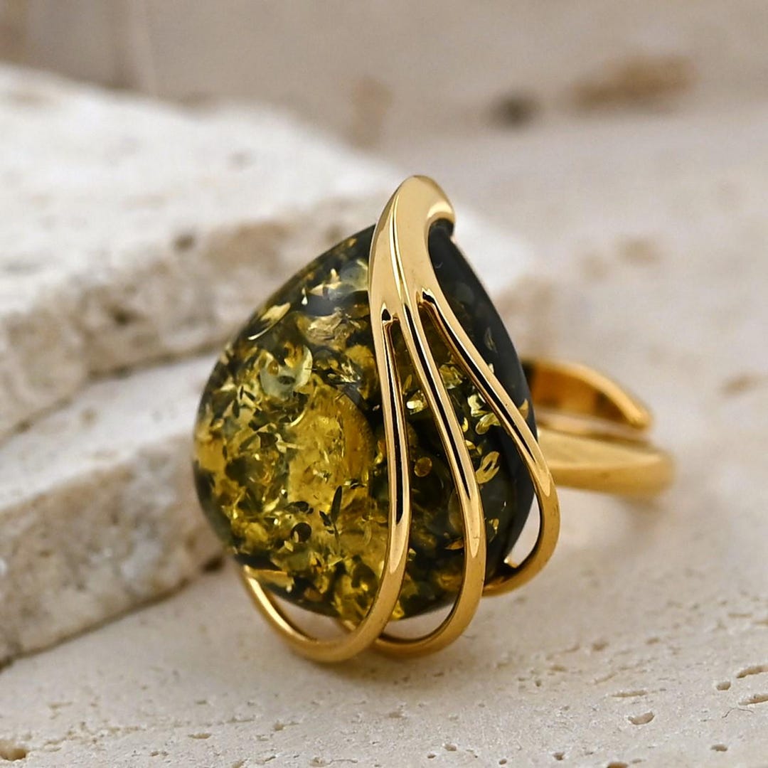 Unique Green Amber Ring, Natural Baltic Amber Ring, Greenish Gemstone ...