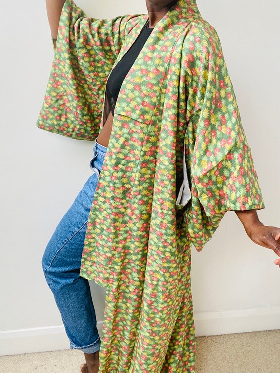 Green Floral Kimono, Long Dramatic Sleeves, Robe Dust… - Gem