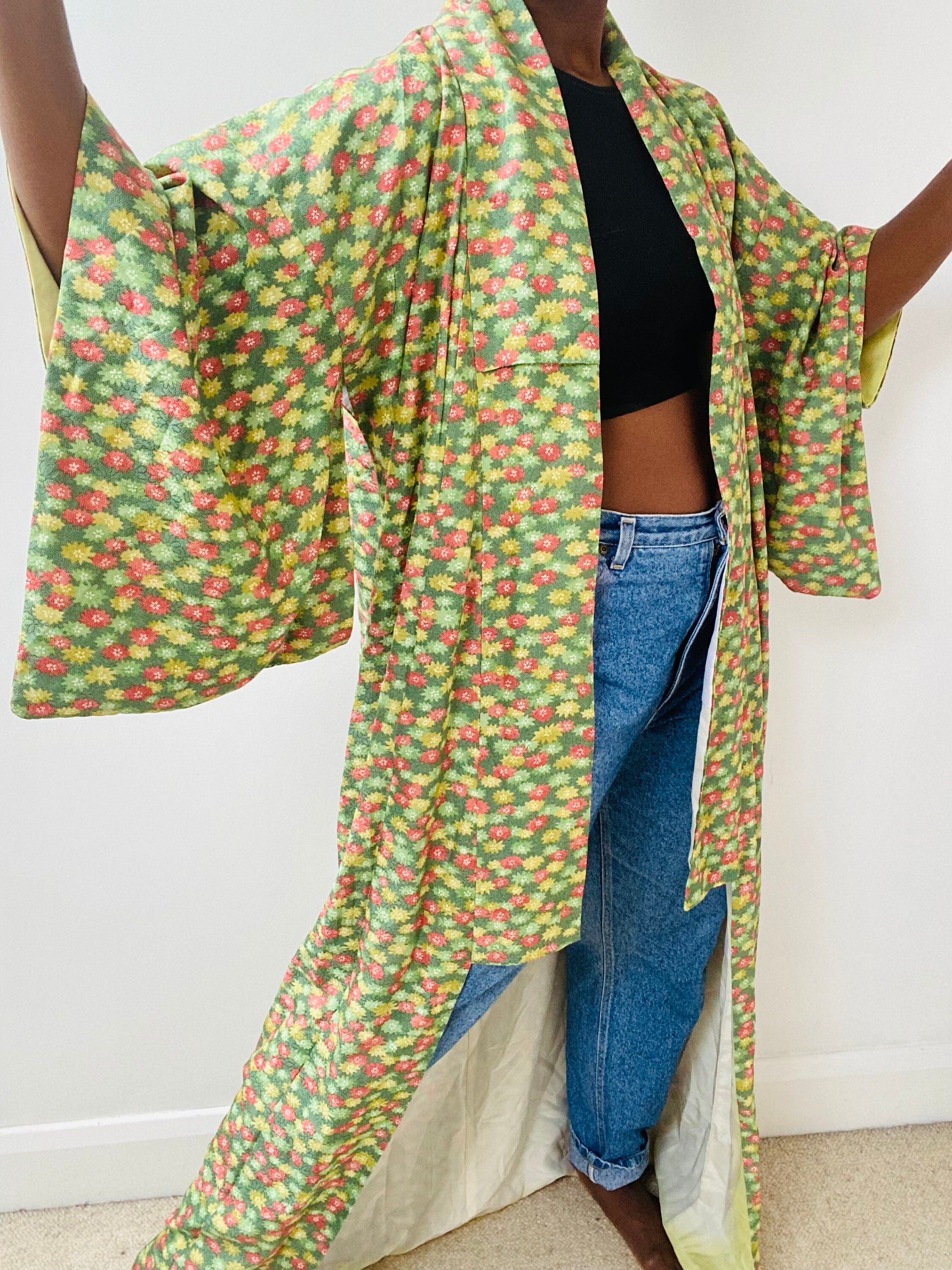 Green Floral Kimono, Long Dramatic Sleeves, Robe Duster Coat, Lime ...