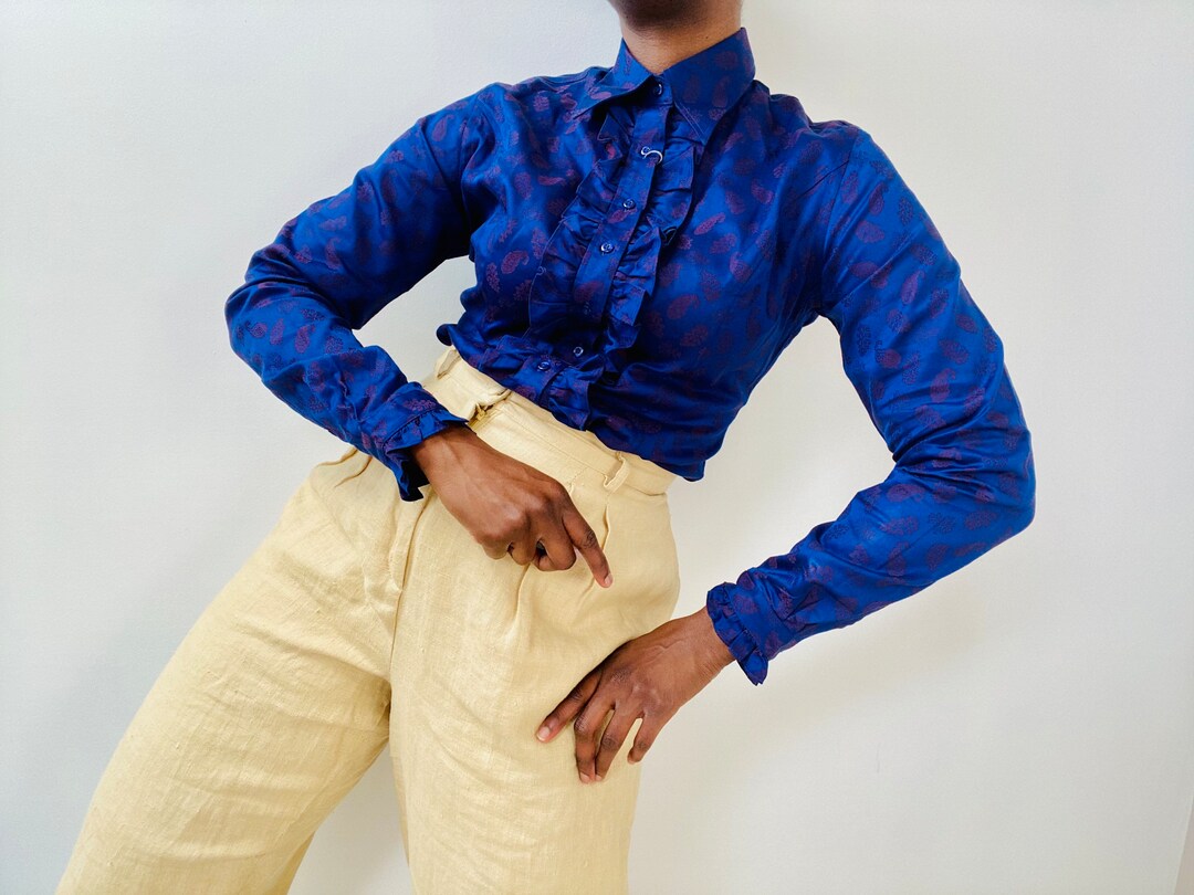 Indigo Dark Blue Ruffle Front Cuffs Blouse, UK12 EU40 US10, TM Lewin ...