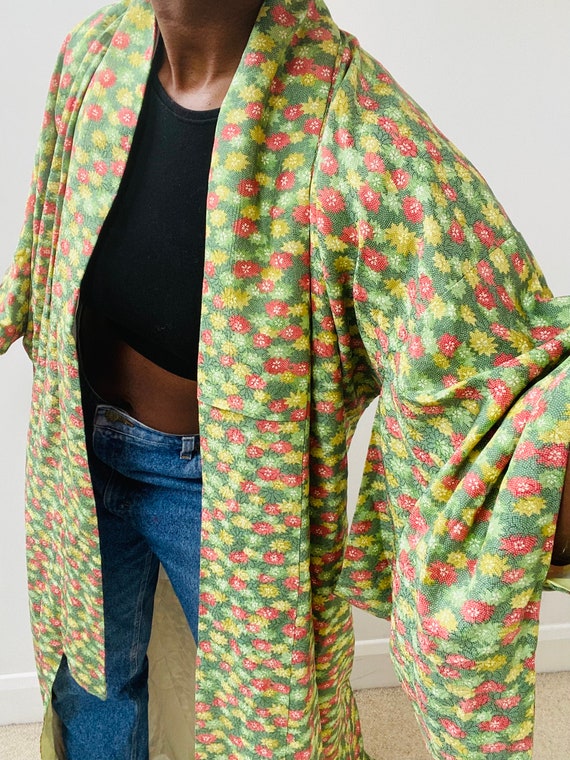 Green Floral Kimono, Long Dramatic Sleeves, Robe Dust… - Gem