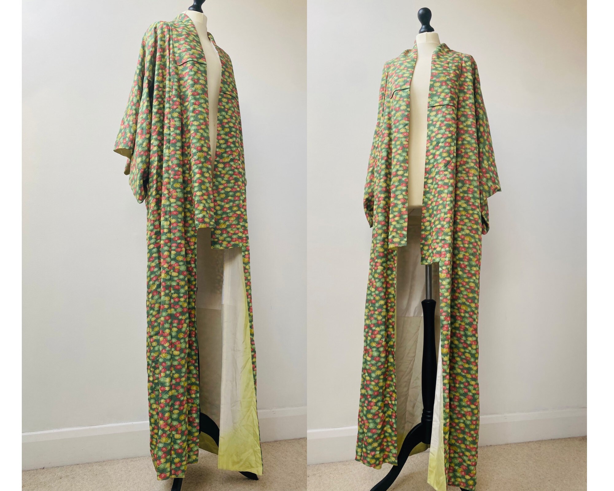Green Floral Kimono, Long Dramatic Sleeves, Robe Duster Coat, Lime ...