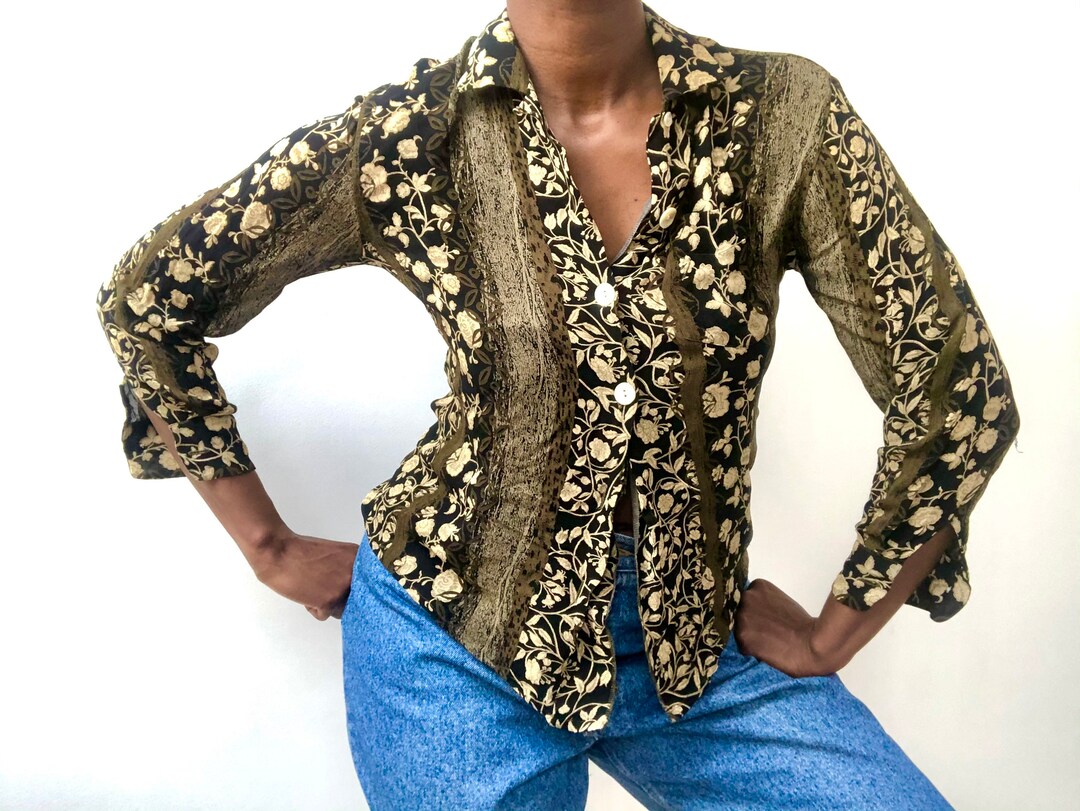 Black Cream Abstract Rose Print Floral Blouse, UK10 EU40 US8, Light ...