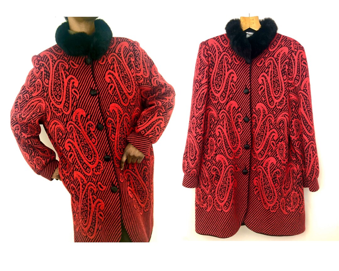 Red Black Alpaca Wool Coat With Fur Collar, UK16 EU44 US14, Funky Print ...