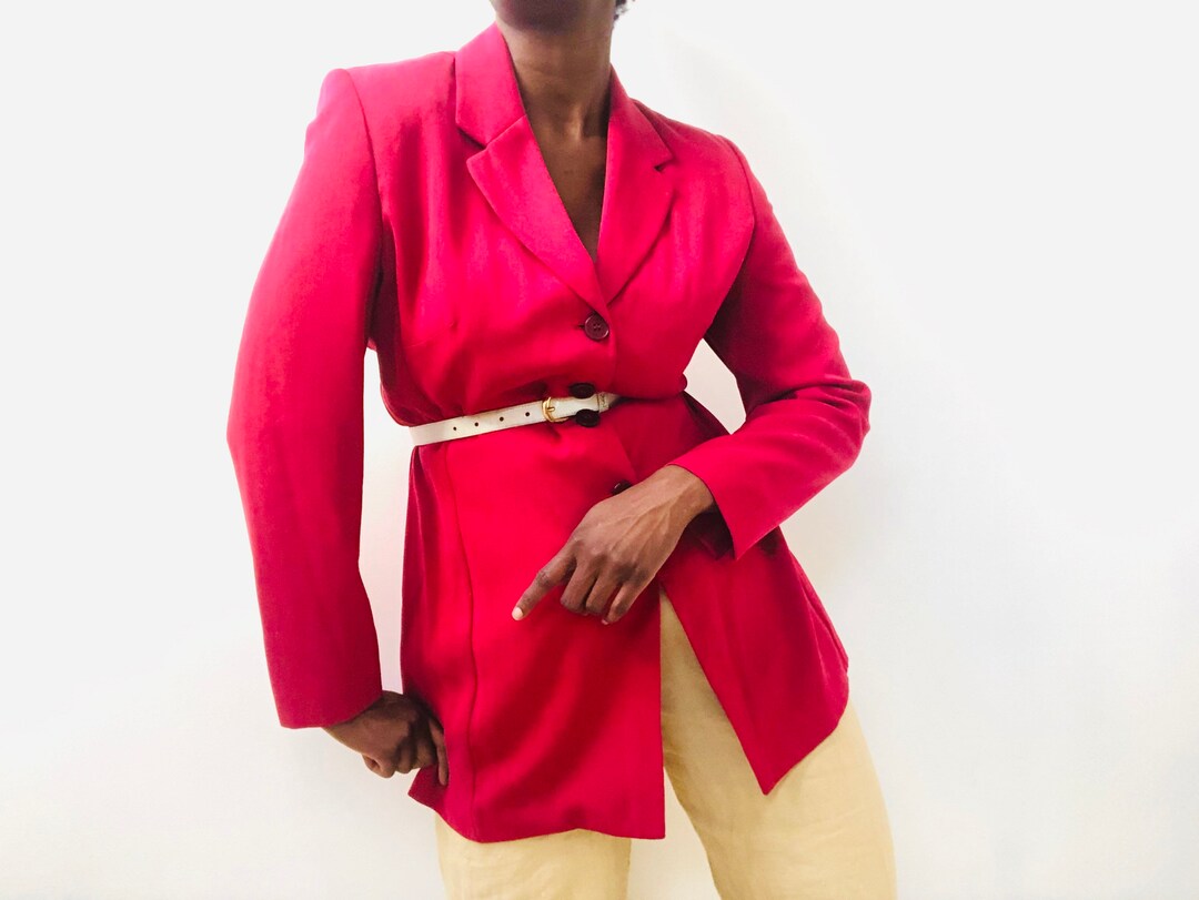 90s Long Red Jacket, UK16 EU44 US14, Minimalist Fitted Single Breast ...