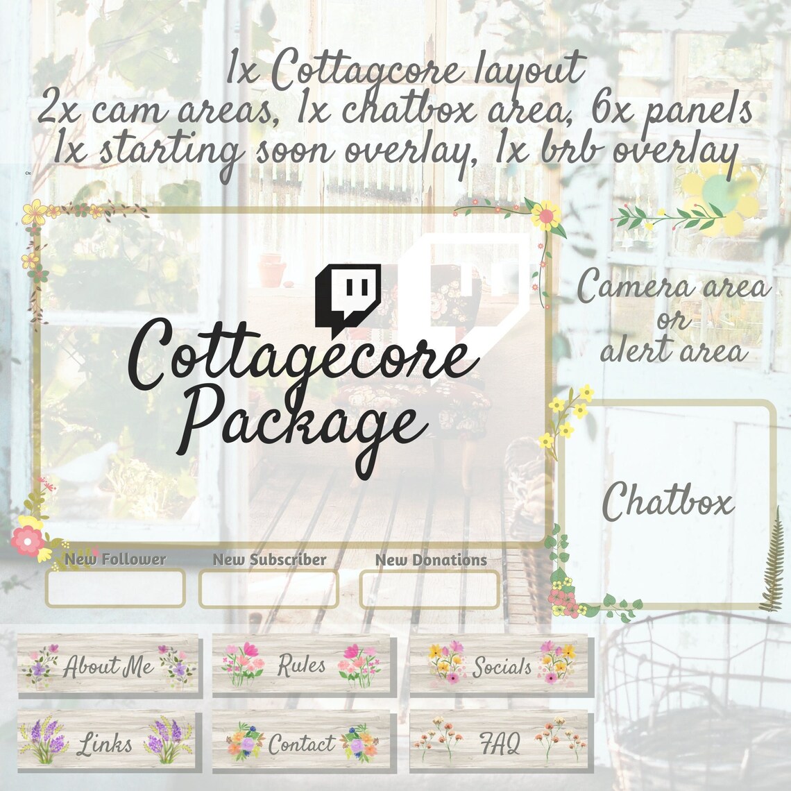 Cottagecore Twitch Overlay Package Fullscreen Background Flower Panels ...