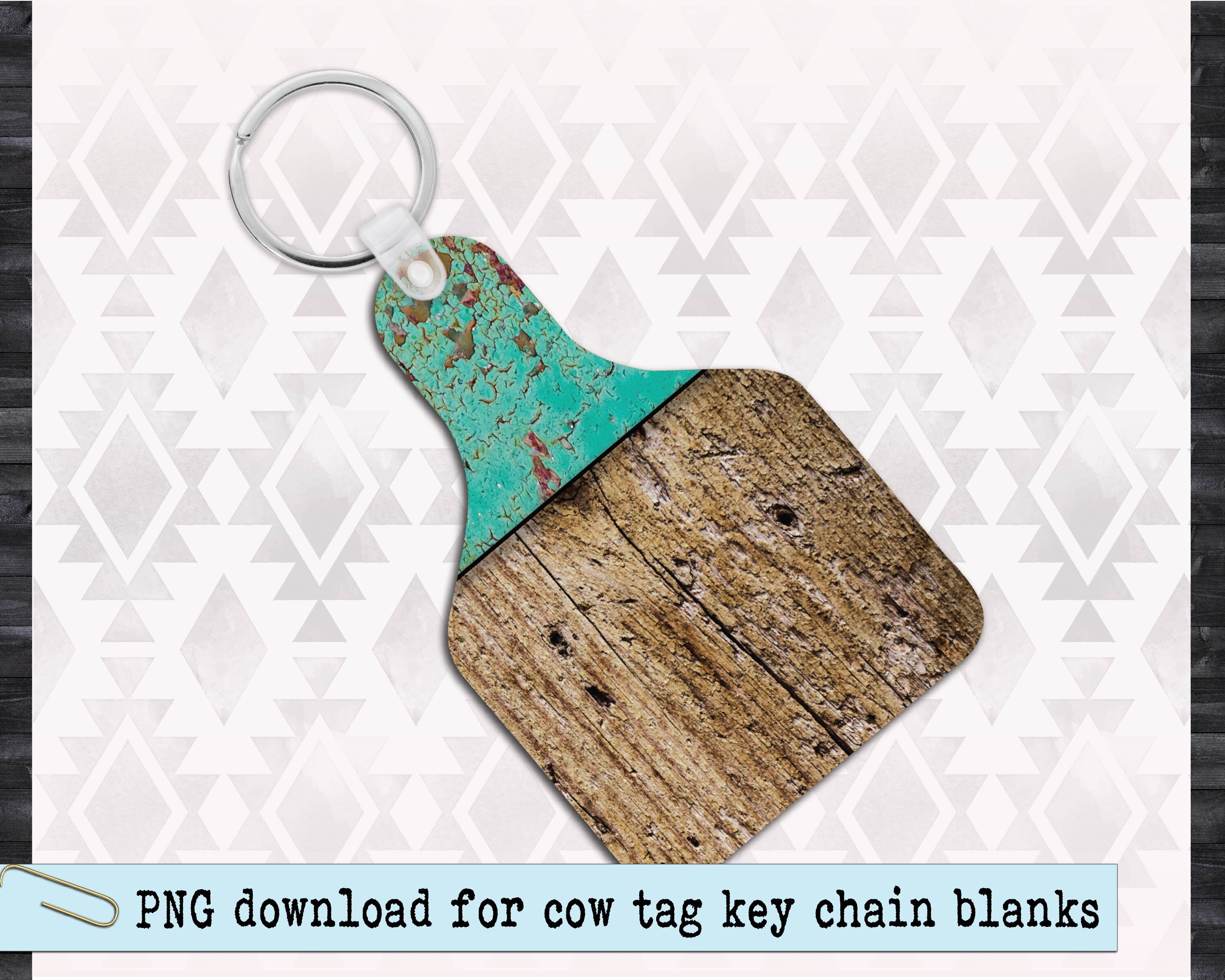 Cow tag personalized wood with turquoise PNG download for key | Etsy