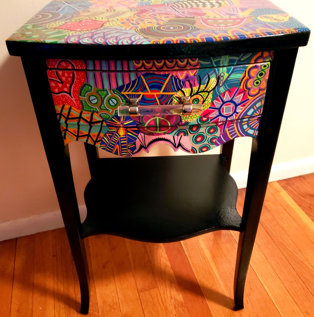 Funky Table, Small End Table With Drawer, Colorful Table, Groovy ...