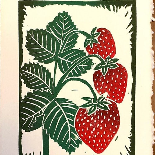 Raspberries Block Print Colorful Linocut Print | Etsy