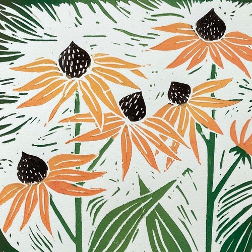 Sunflower Block Print With Mat Linocut Floral Art | Etsy