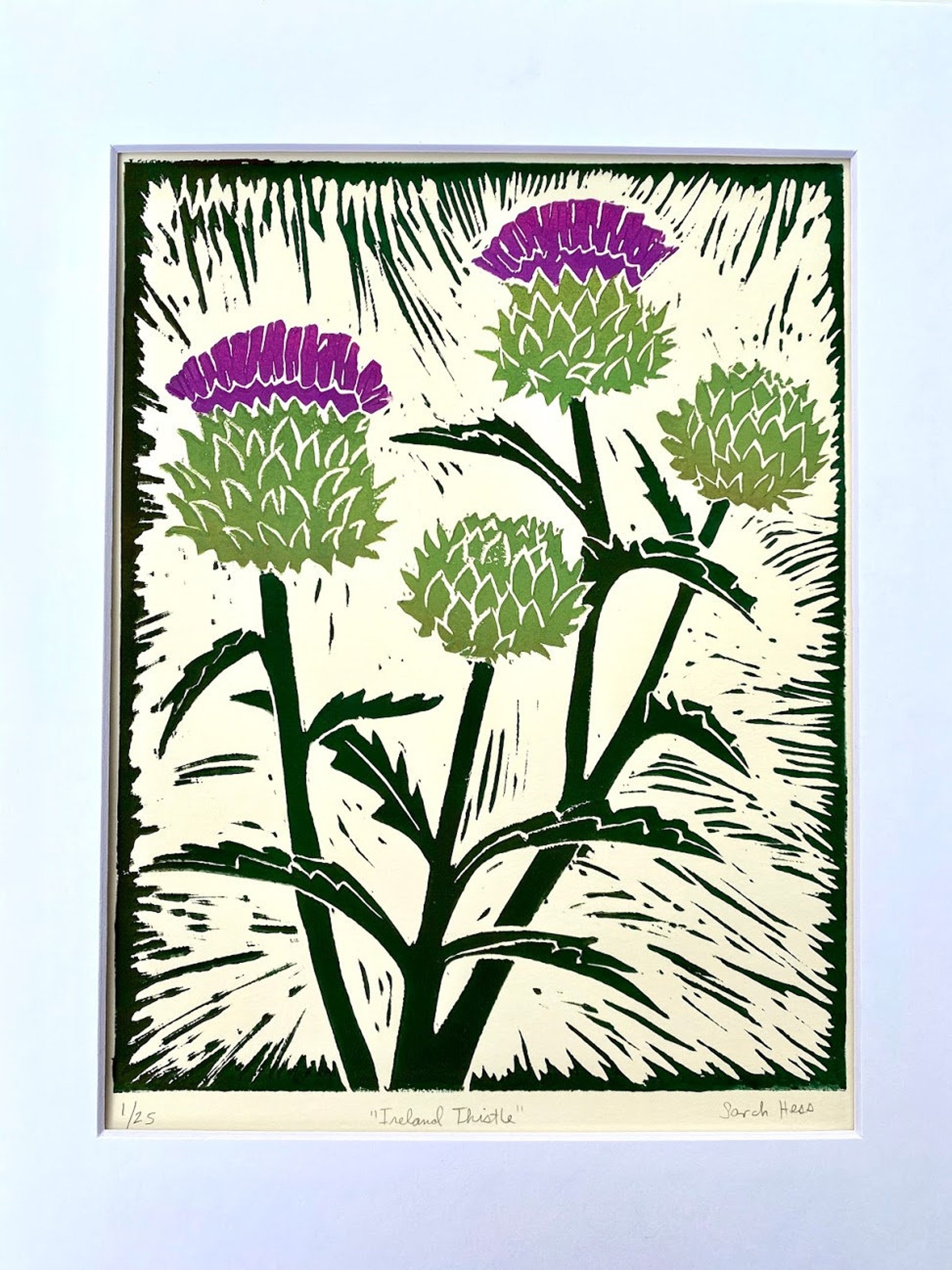 Ireland Thistle Block Print With Mat Botanical Print | Etsy