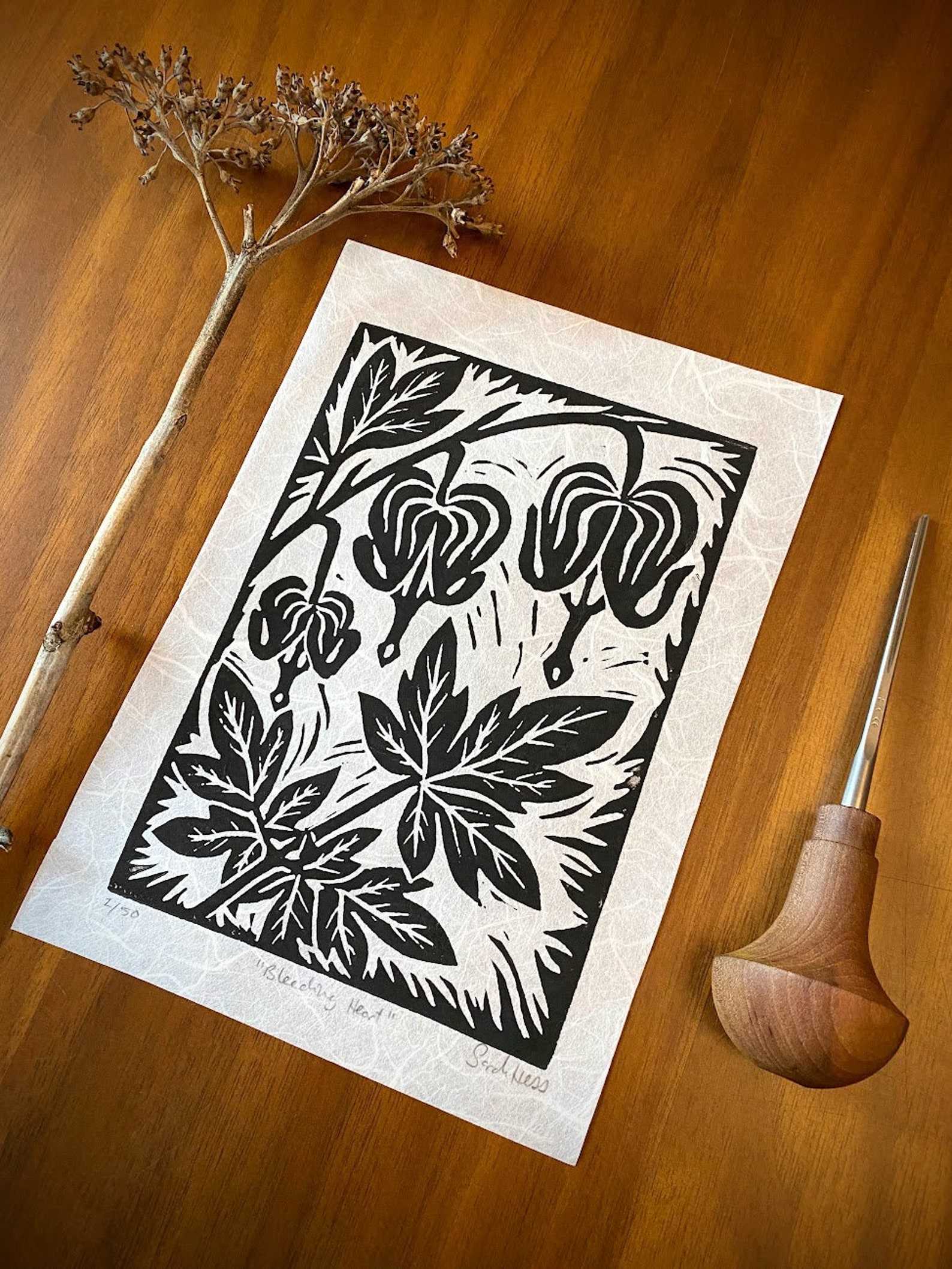 Bleeding Heart Block Print Black and White Linocut Print - Etsy
