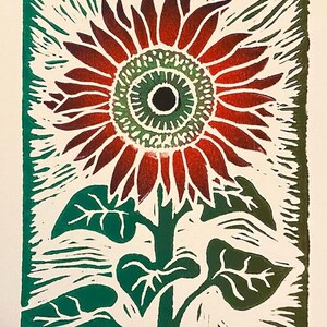 Sunflower Block Print - Red Sunflower - Sunflower Art - Linocut Print ...