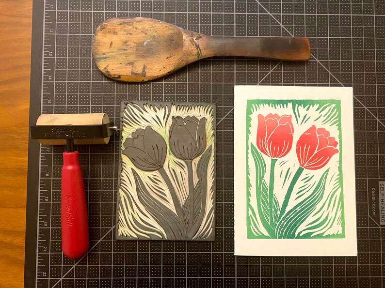 Tulips Block Print Floral Linocut Print Spring Flowers | Etsy