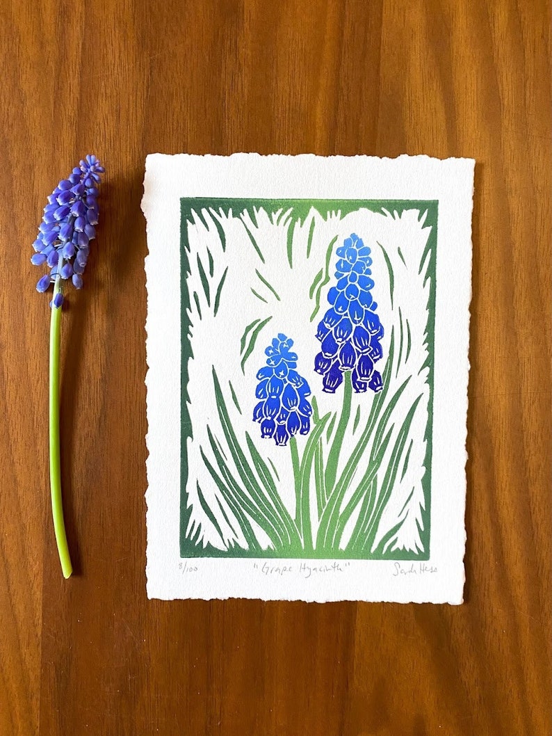 Grape Hyacinth Spring Flower Block Print Linocut Art - Etsy