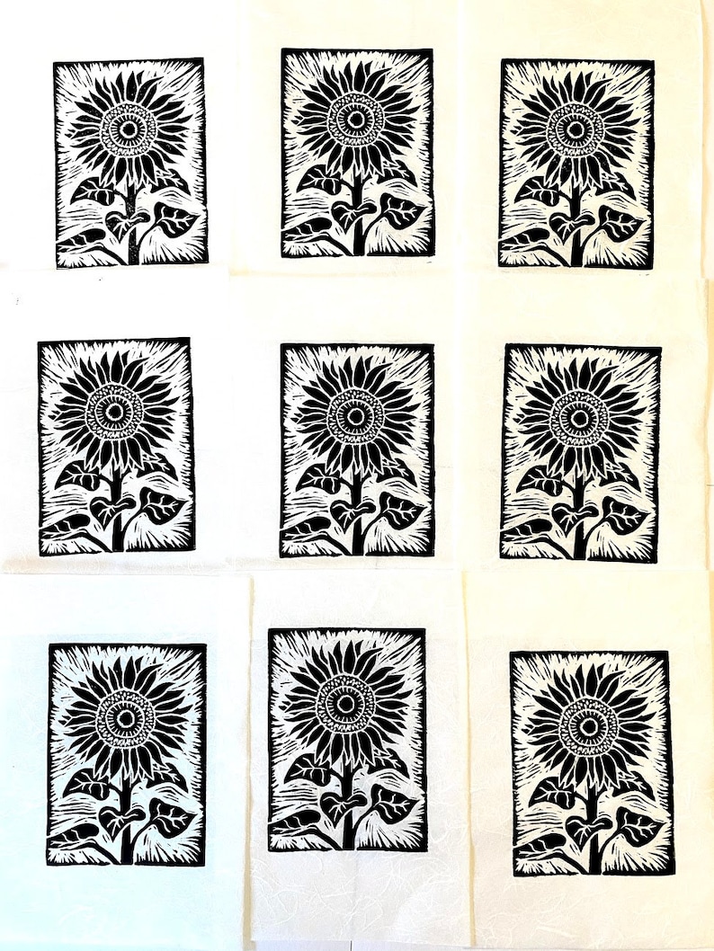 Sunflower Block Print Black and White Print Linocut | Etsy